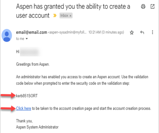 Create an Aspen account with an email link